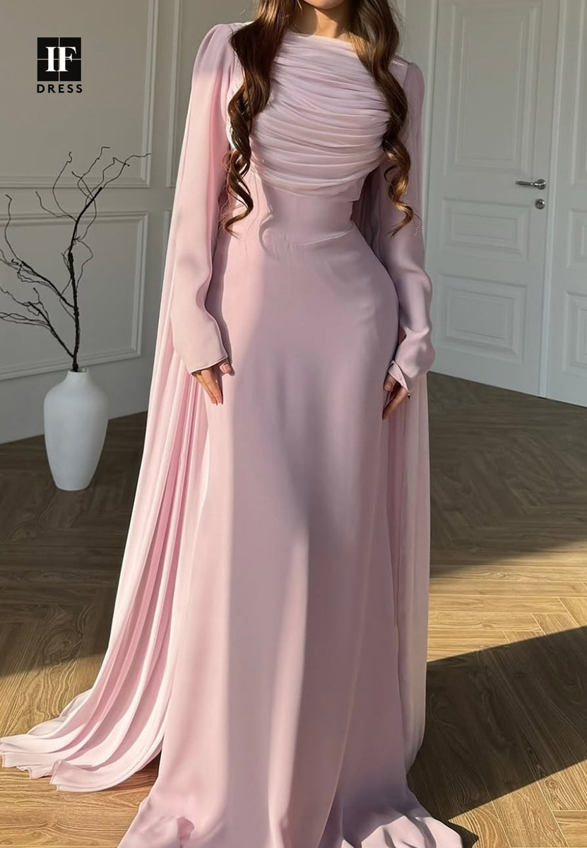Simple Long-Sleeves Floor-Length Chiffon Pleated Fitted Evening Dress ...