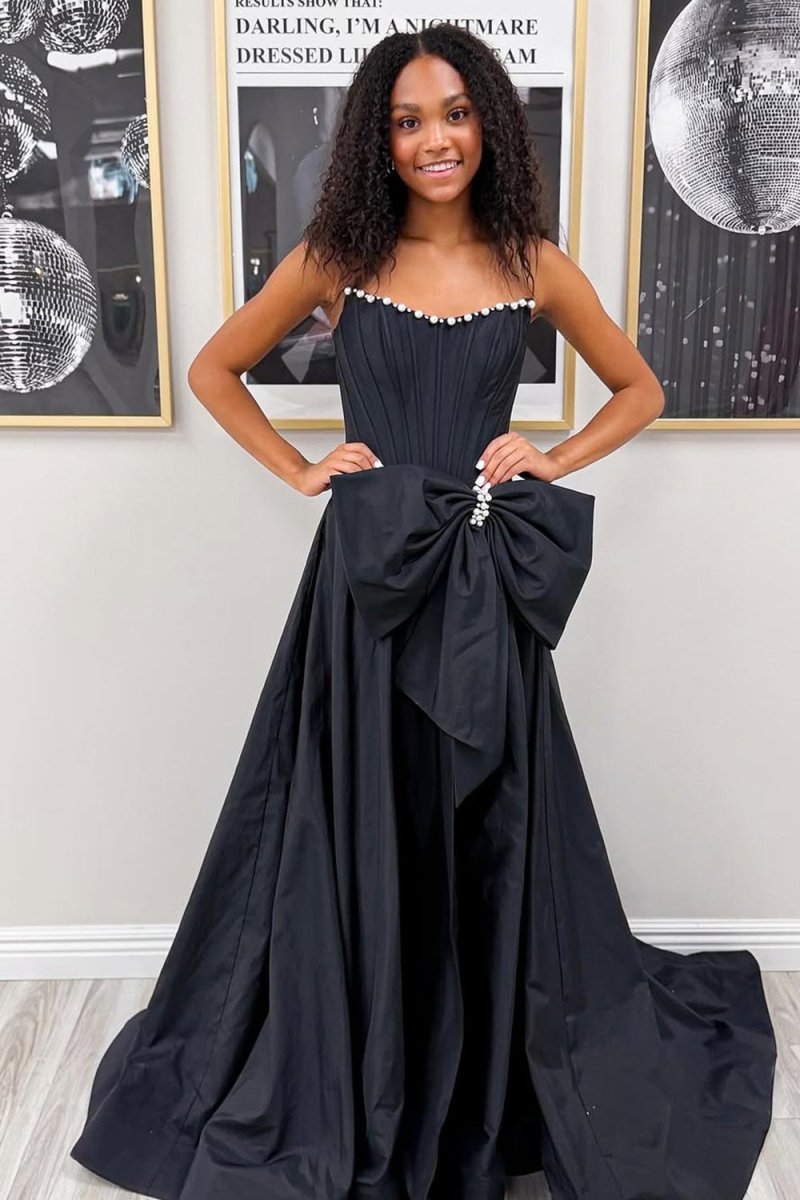 Aspen | Black - Strapless A Line Satin Pearl Long Formal Prom Dresses ...